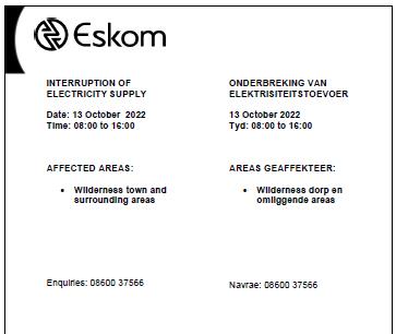 Planned power outage by Eskom 13 October 2022 from 08h00 to 16h00 ...