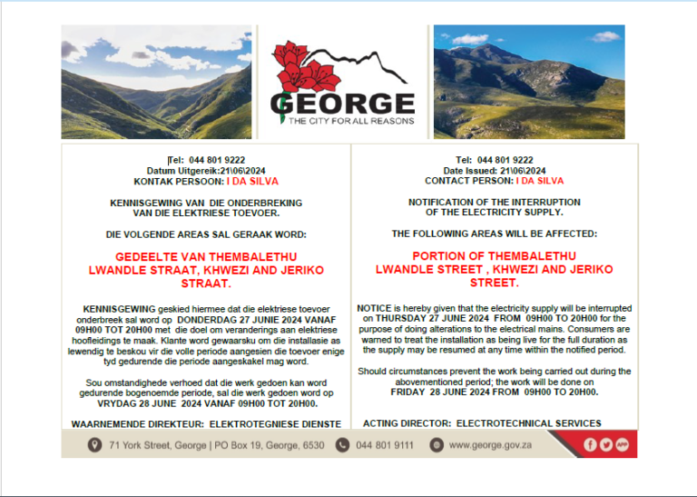 Planned power outage: portion of Thembalethu - George Municipality