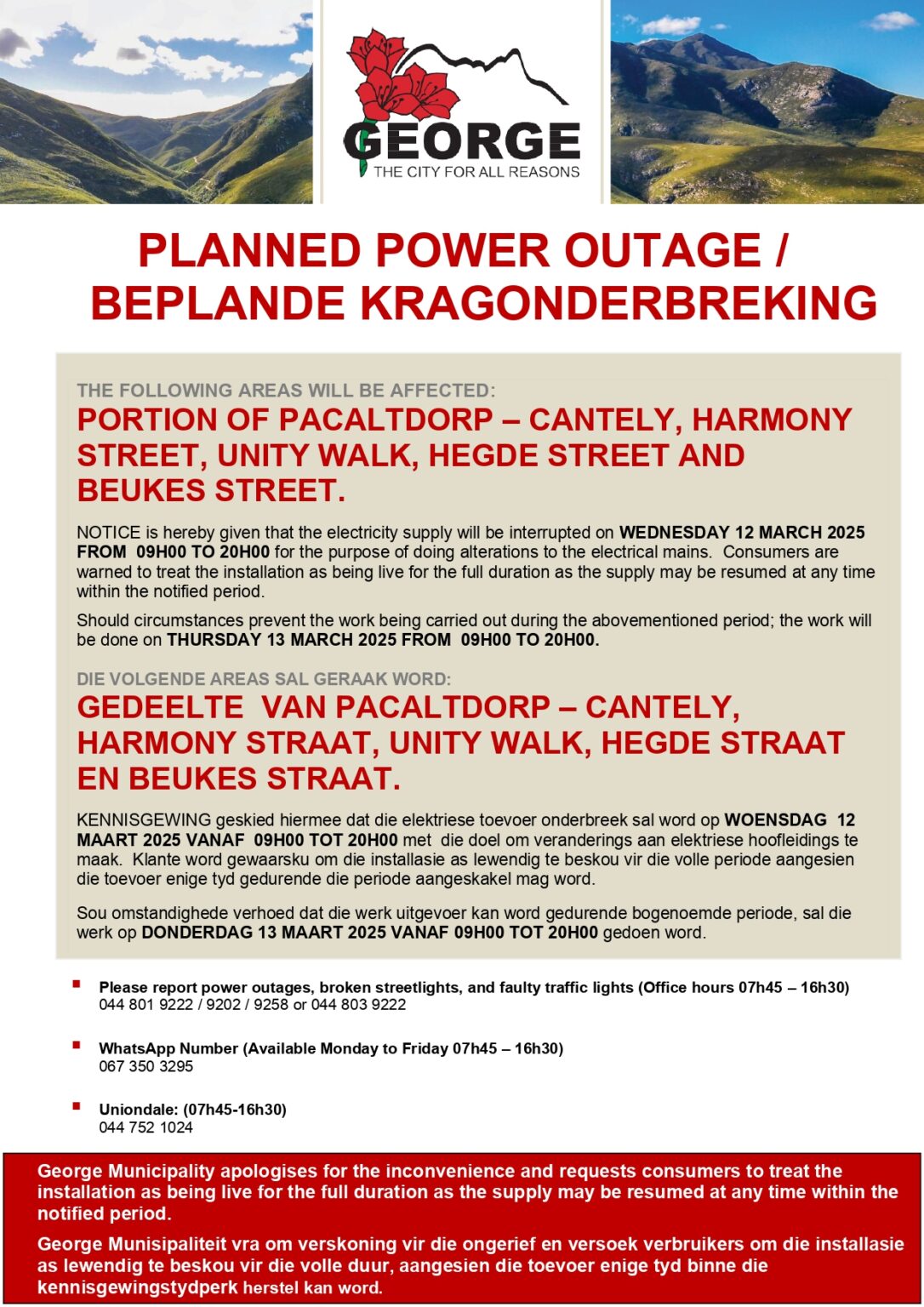 Planned Power Outage: Portion of Pacaltsdorp - George Municipality