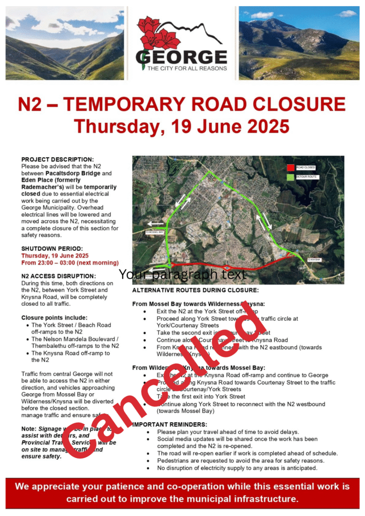 Public Notice: N2 Road Closure Cancelled - George Municipality
