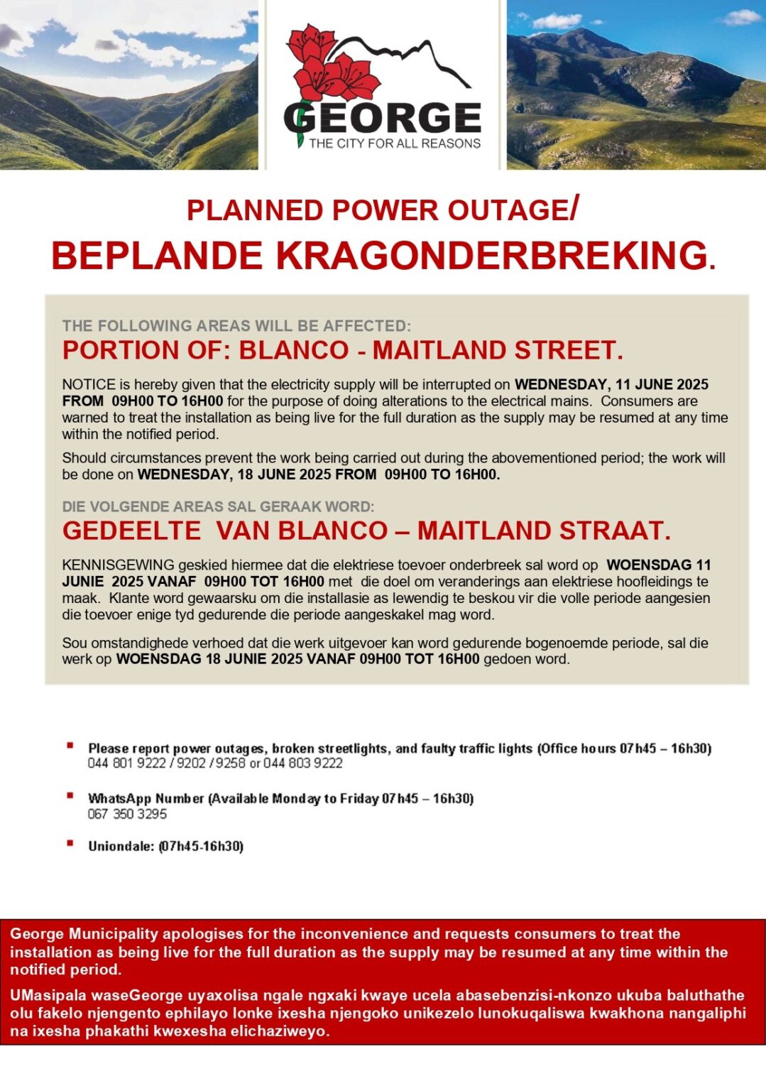 Planned Power Outage - Blanco Maitland Street, 11 June - George ...