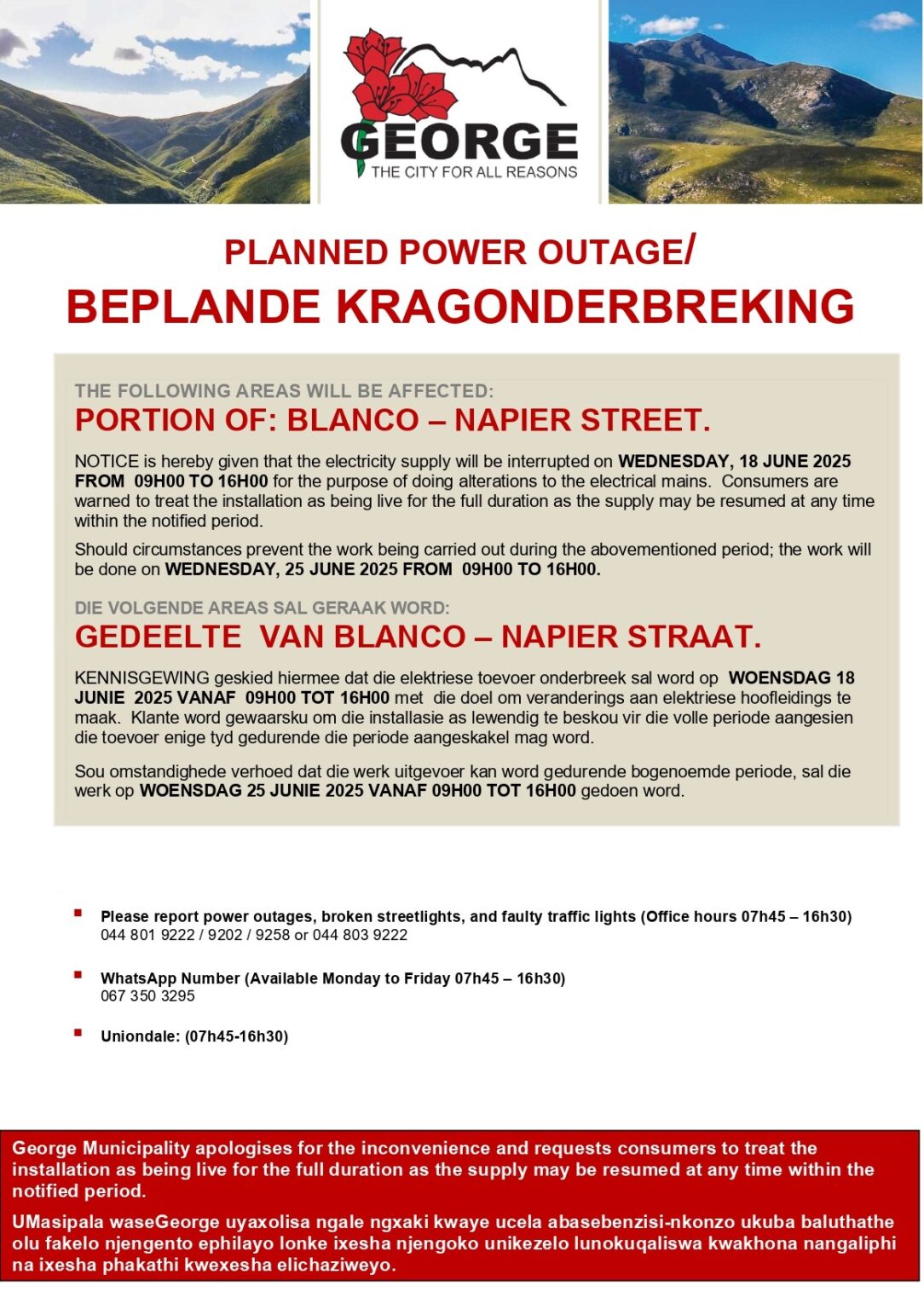 Planned Power Outage - Blanco, Napier Street, 18 June - George Municipality