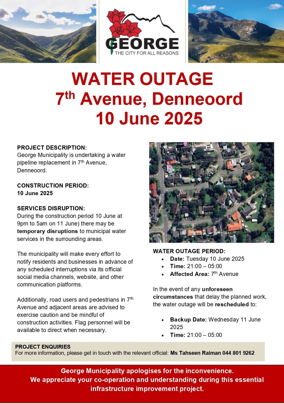 PUBLIC NOTICE - PLANNED WATER OUTAGE - 7th Avenue, Denneoord - George ...