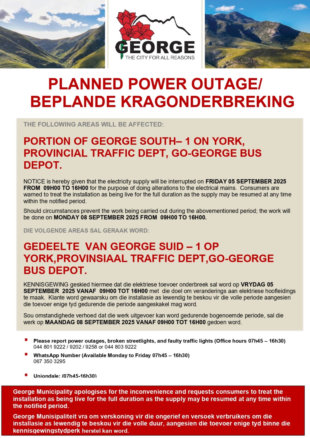 Planned power outage: George South 05 Sept 2025 - George Municipality