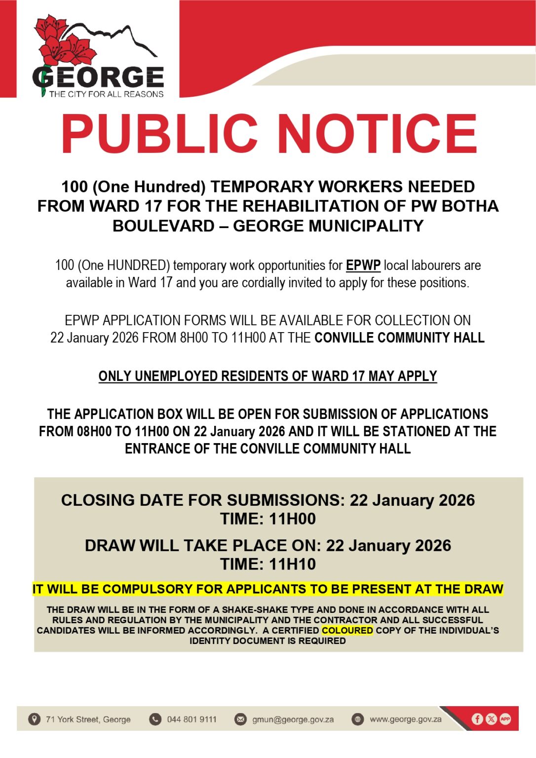 Temporary workers needed - Ward 17 Rehabilitation of PW Botha Blvd ...