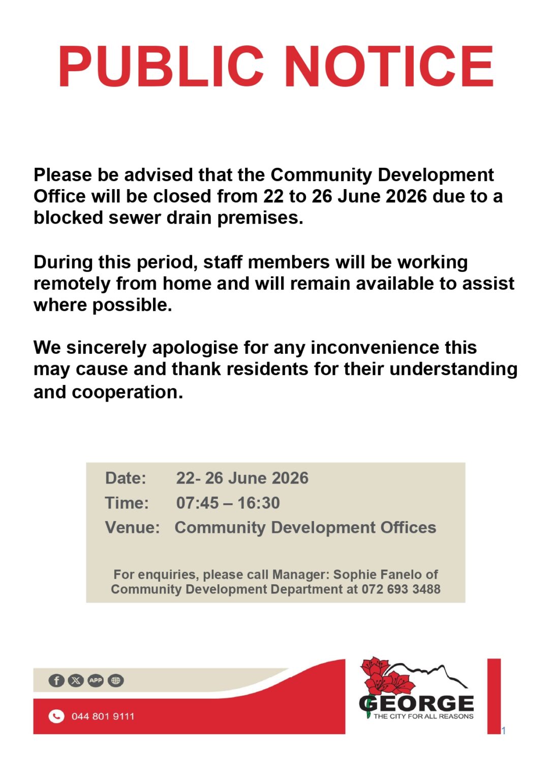 OFFICE CLOSURE - COMMUNITY DEVELOPMENT - George Municipality